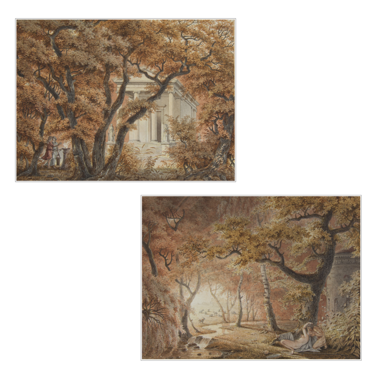 Pair of architectural and animated landscapes by Jean Thomas Thibault
